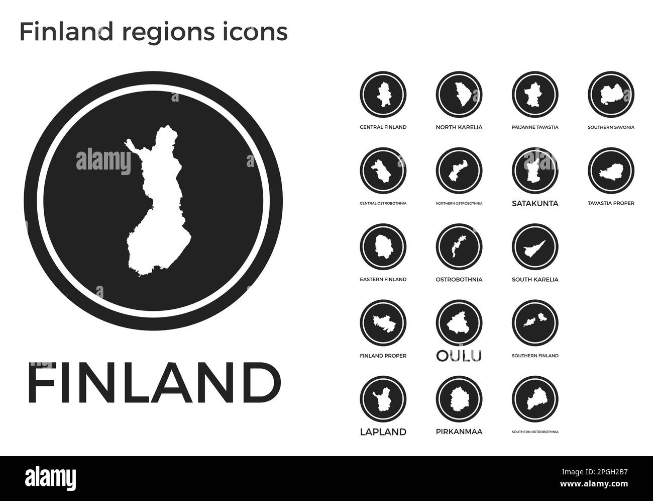 Finland regions icons. Black round logos with country regions maps and ...