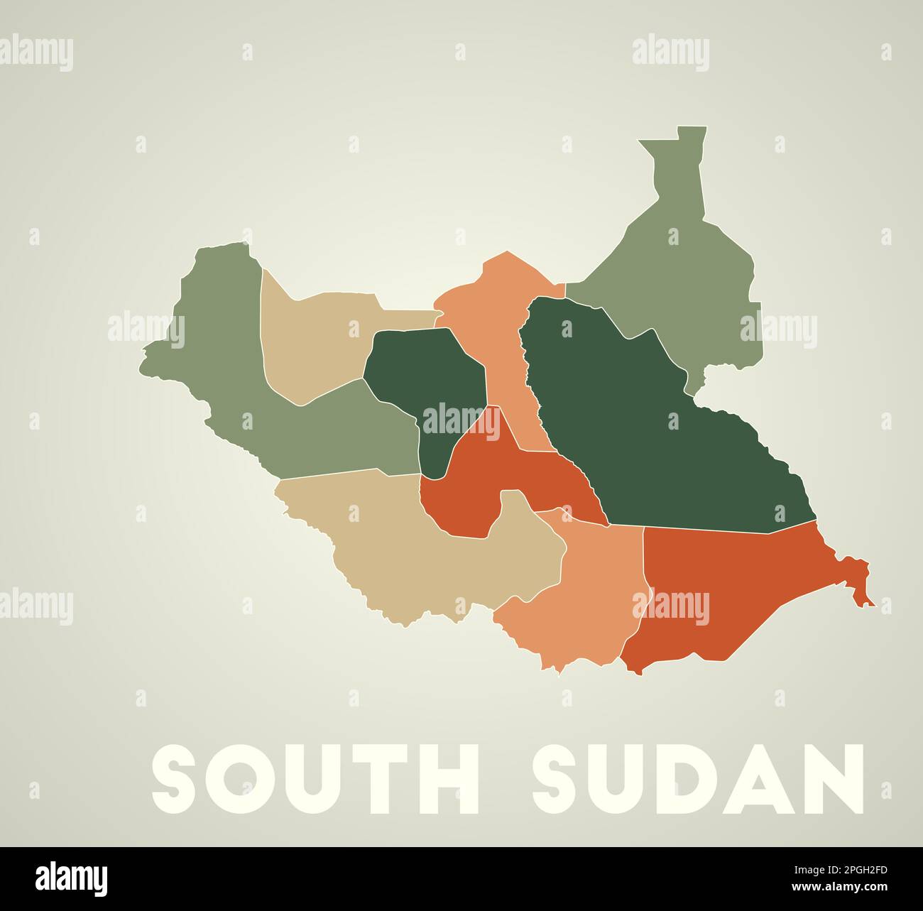 South Sudan poster in retro style. Map of the country with regions in ...
