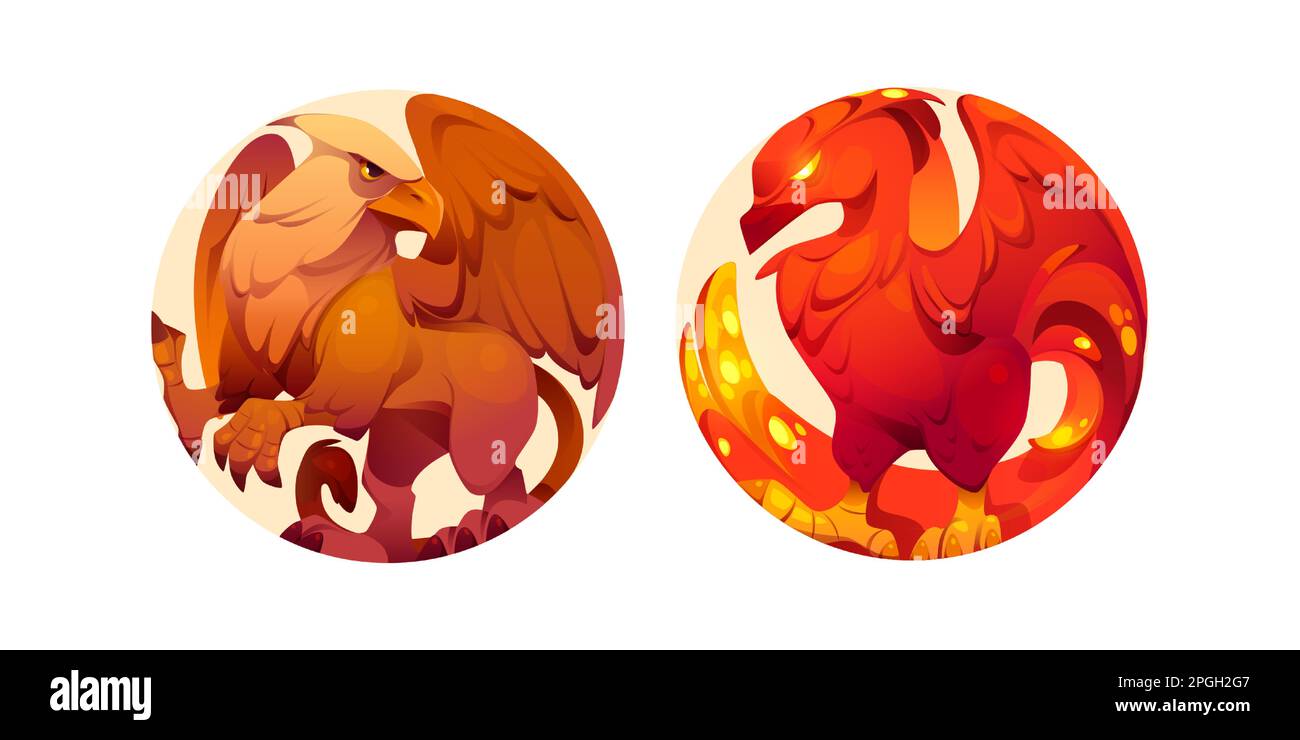 Fantasy creatures, phoenix and hippogriff. Fire bird and mythical ...