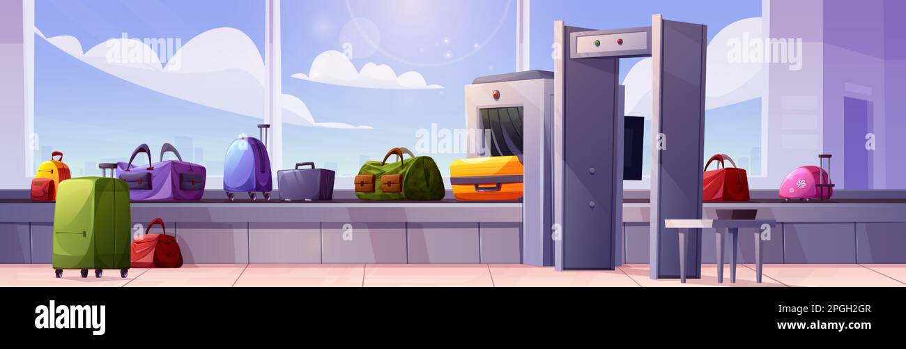 Baggage belt with suitcases and bags passing security control at ...