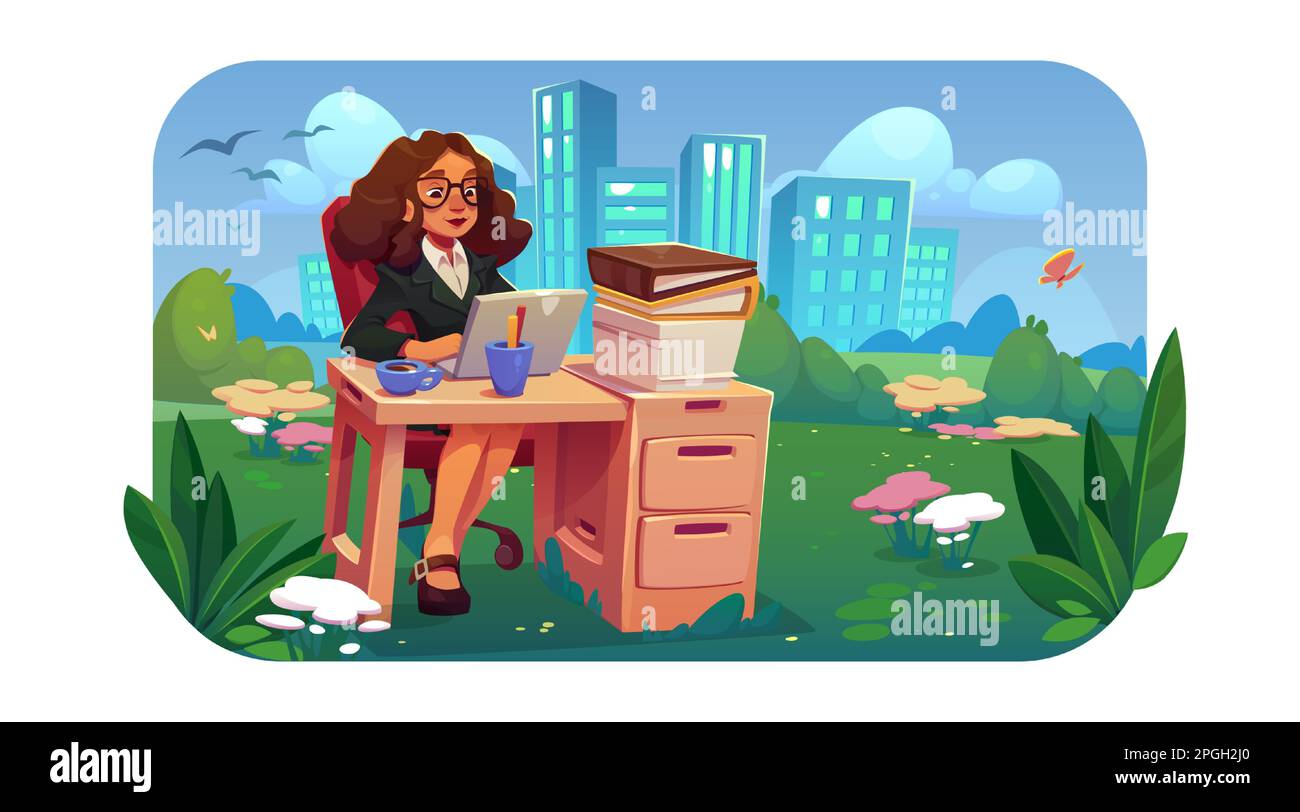 Outdoor office with woman working on laptop at table on lawn. Summer ...