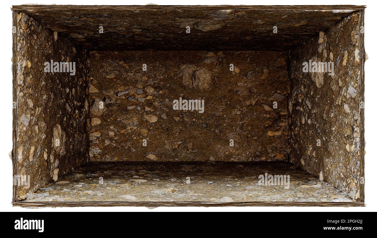 3D Illustration of abstract rocky terrain box with front opening and ...