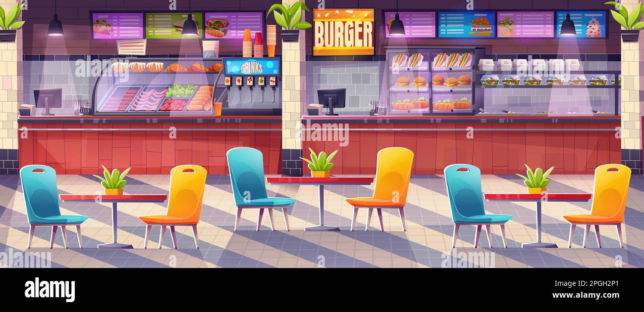 Cartoon food court interior design. Vector illustration of fast food ...