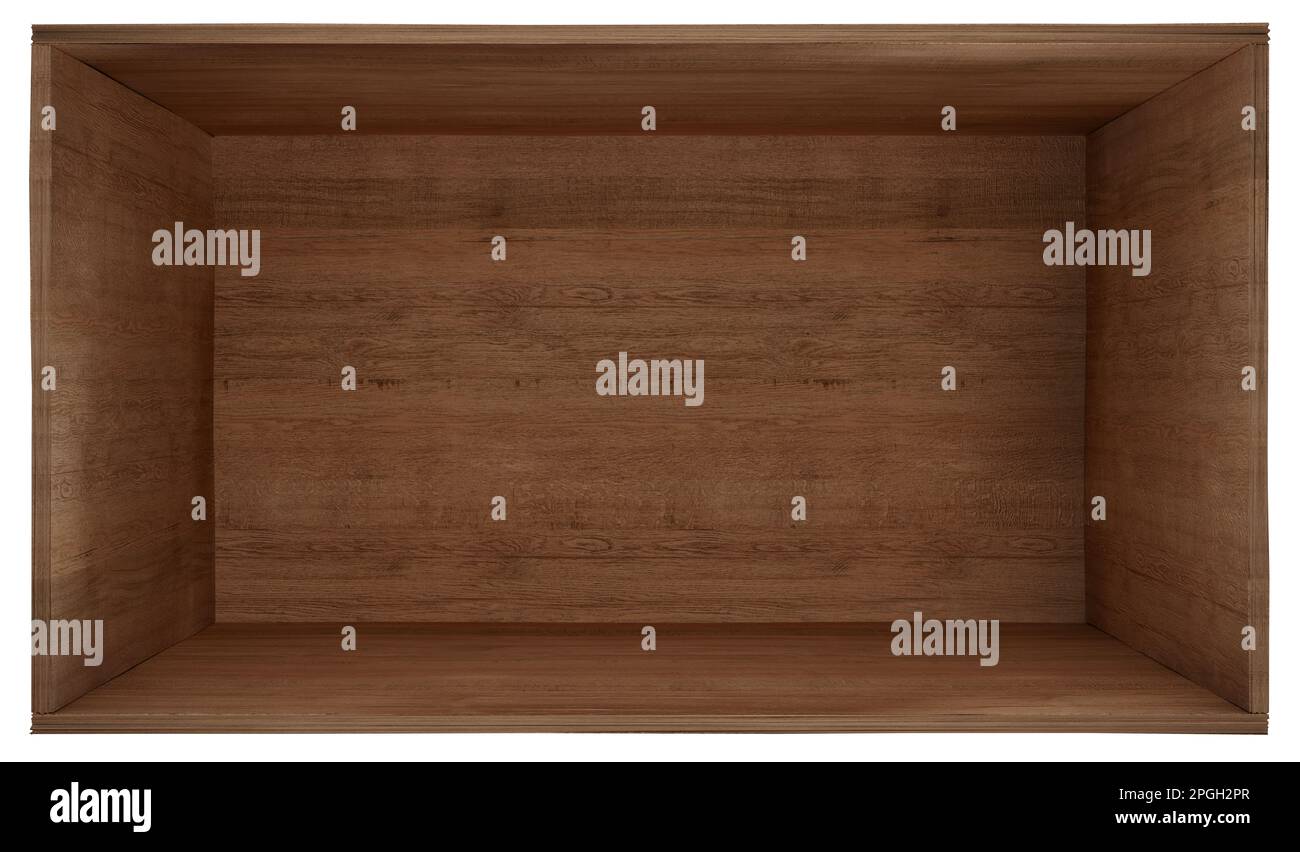 3D Illustration of wooden box with front opening and isolated with ...