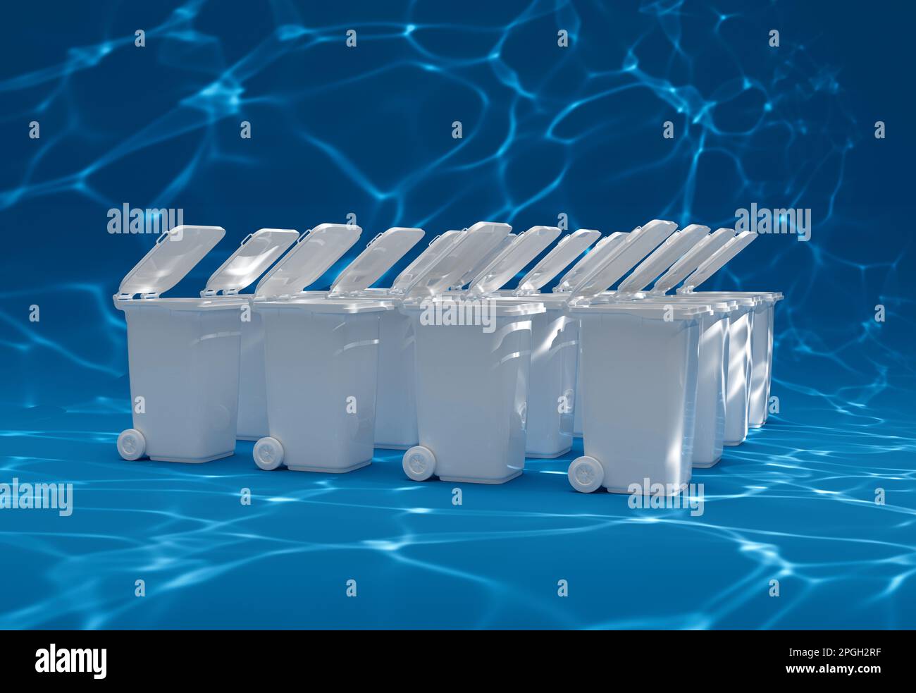 Stylized 3D illustration of white trash bins underwater over blue ...