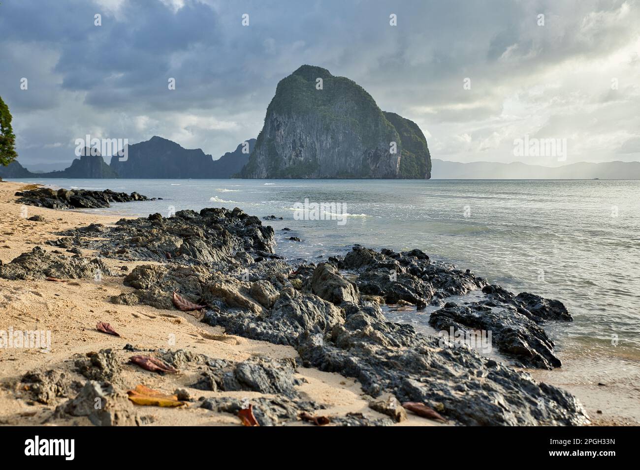 A beach with rough rock of El Nideo, Palawan in the Philippines, a ...