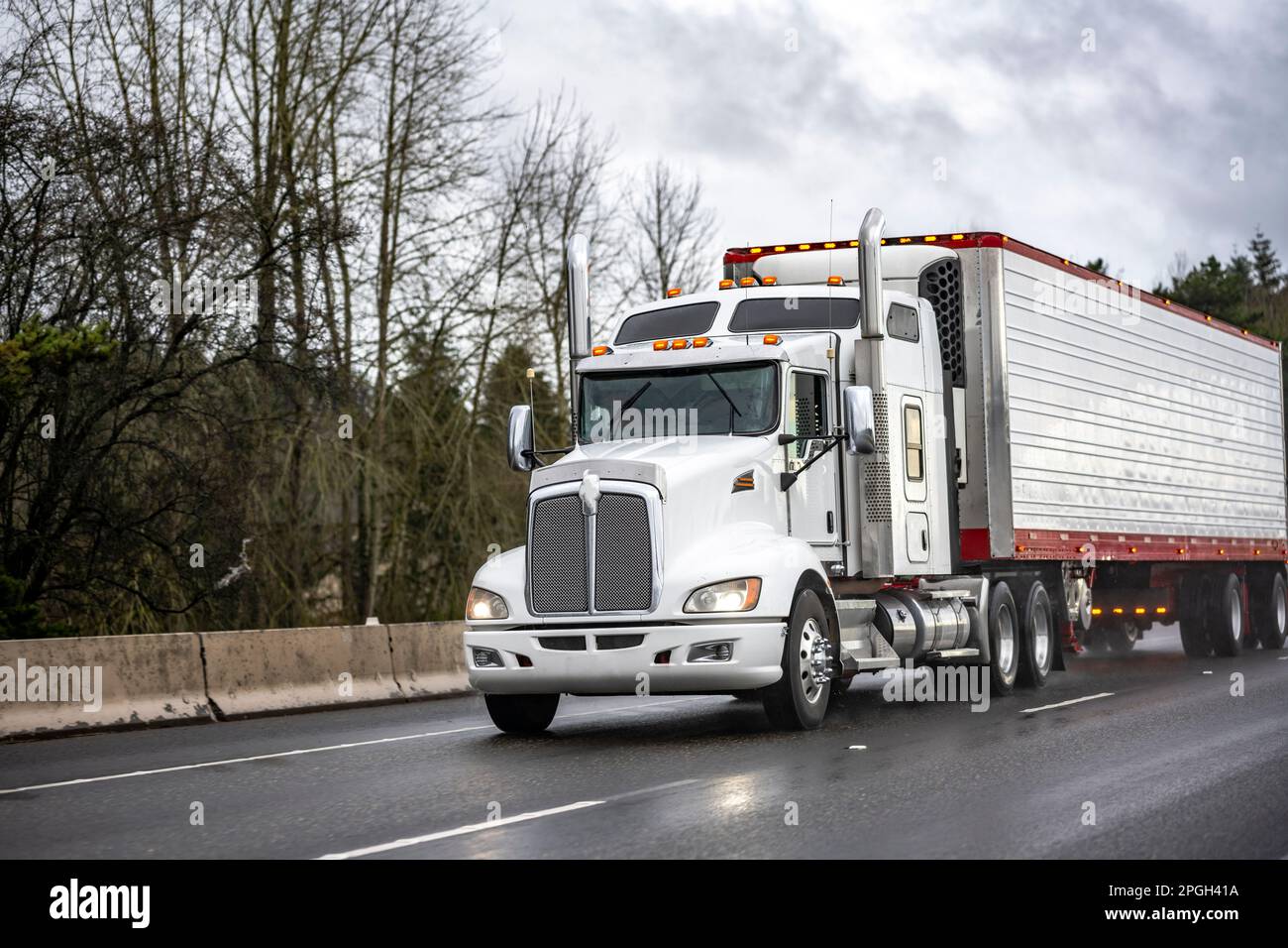 Industrial long hauler big rig gray semi truck tractor with extended ...