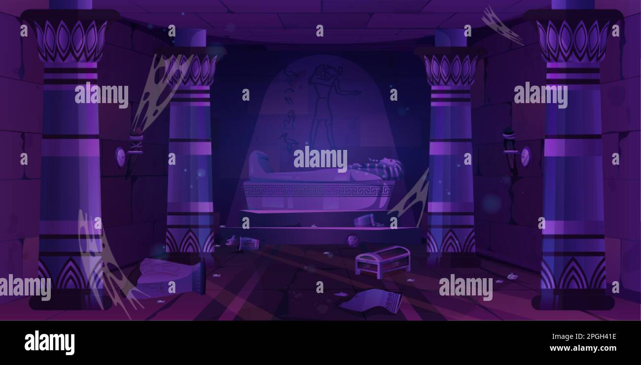 Abandoned ancient egypt temple game background with spiderweb at night ...