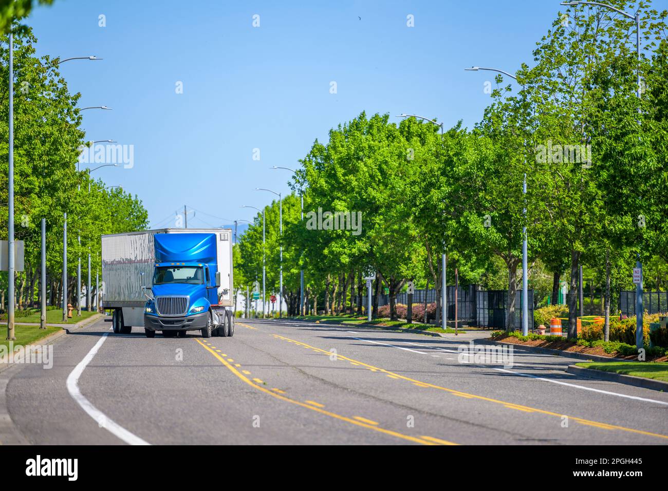 Big rig classic powerful long hauler blue semi truck tractor with roof ...