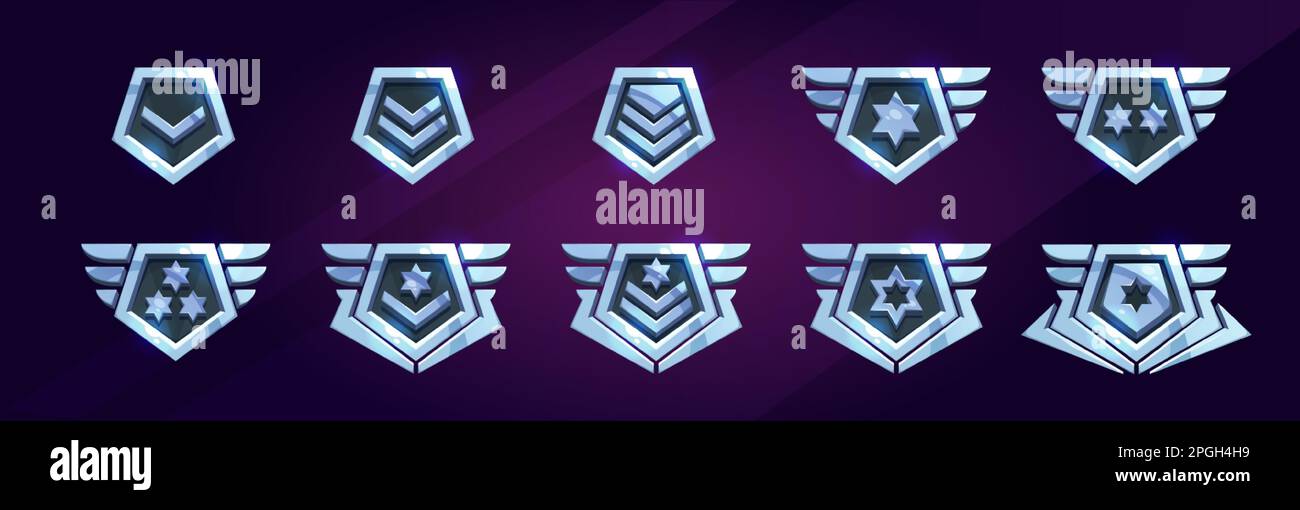 Set of military game rank badges isolated on background. Vector cartoon ...
