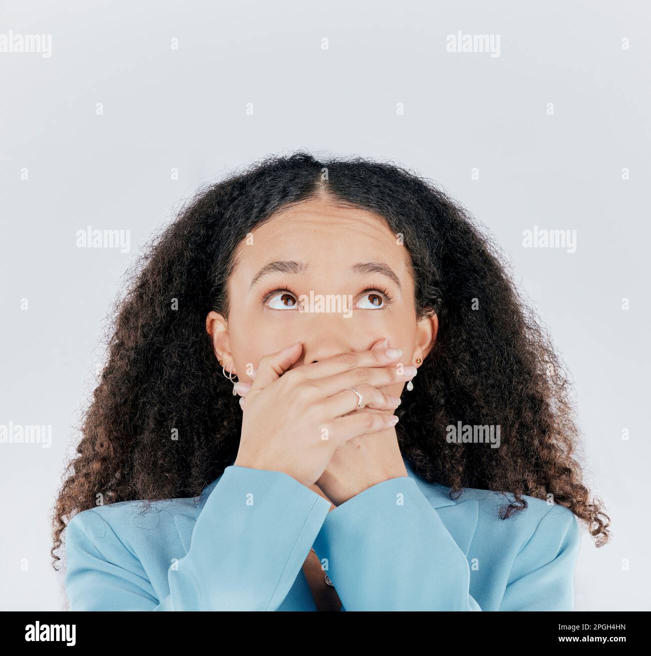 Woman, studio and shocked or omg surprise emoji with on face with hands ...