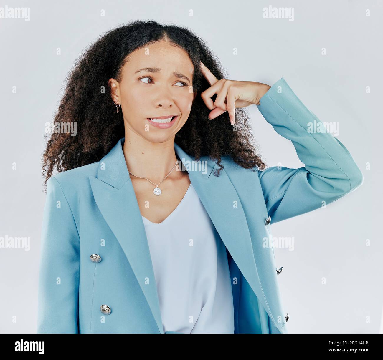 Business woman, thinking and confused in studio with face emoji for ...