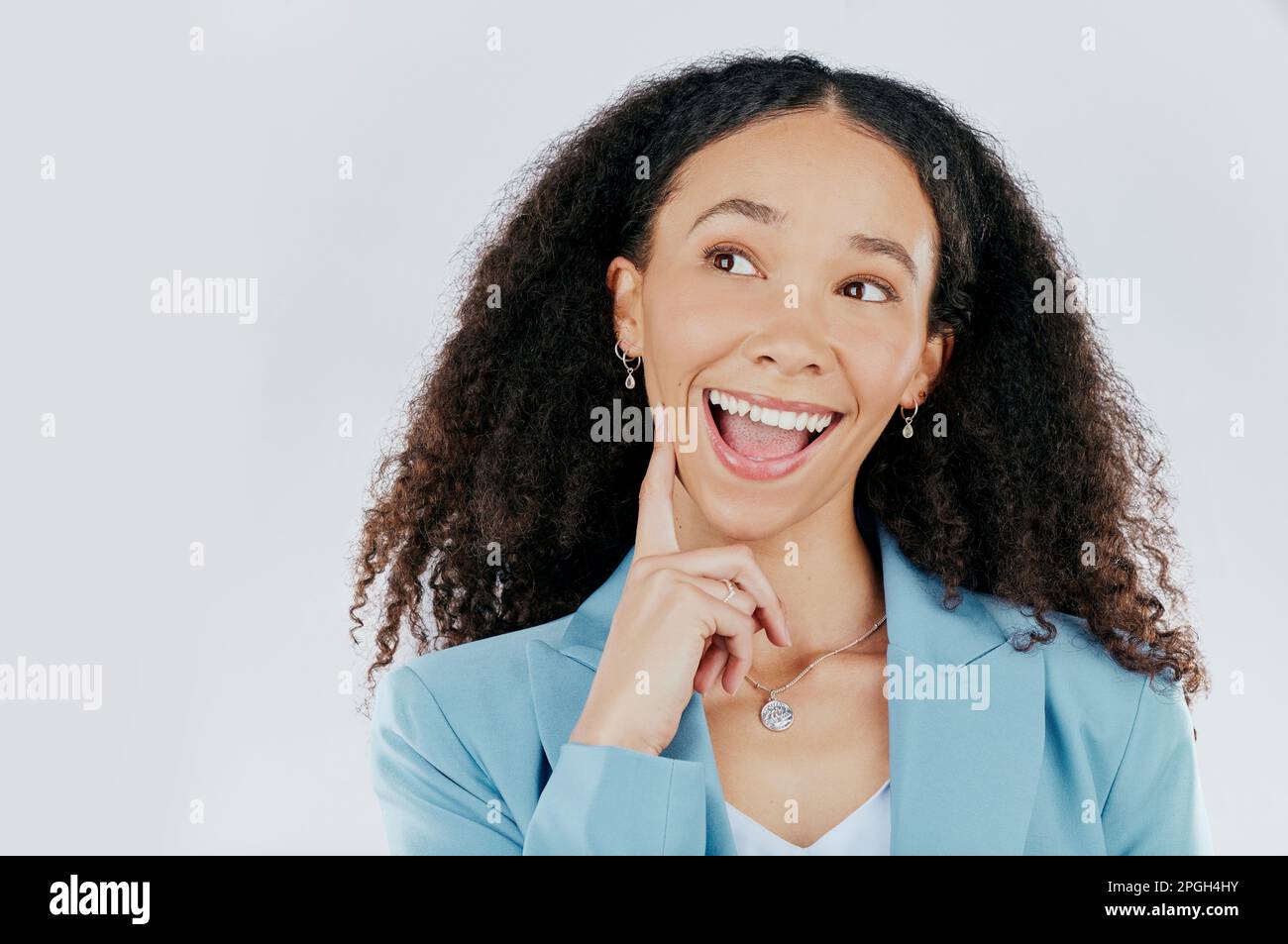 Woman, thinking and excited with idea in studio with face emoji. Female ...