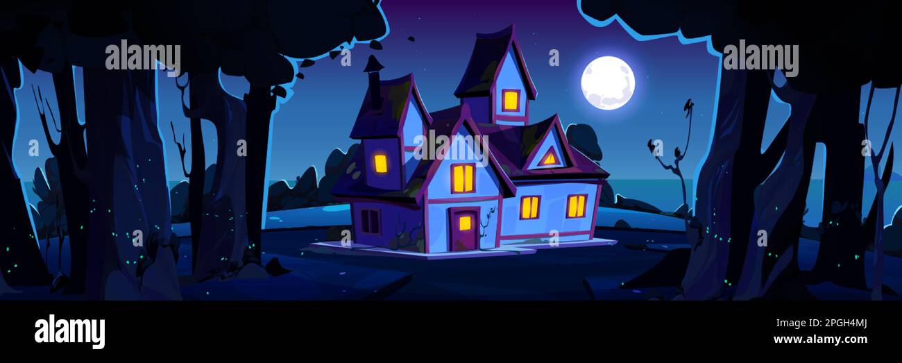 Night landscape with forest and village house. Nature scene with ...