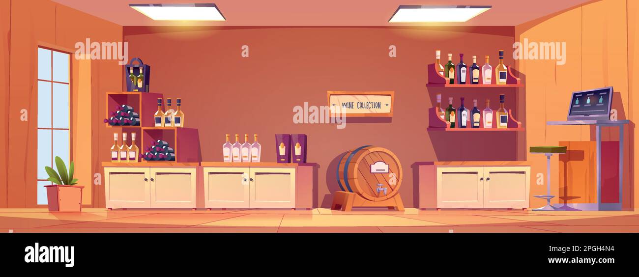 Cartoon wine shop interior design. Vector illustration of shopping mall ...
