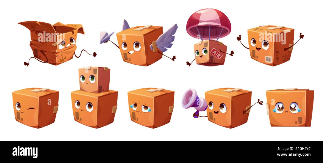 Parcel box mascot cartoon character set with face and emotions. Happy ...