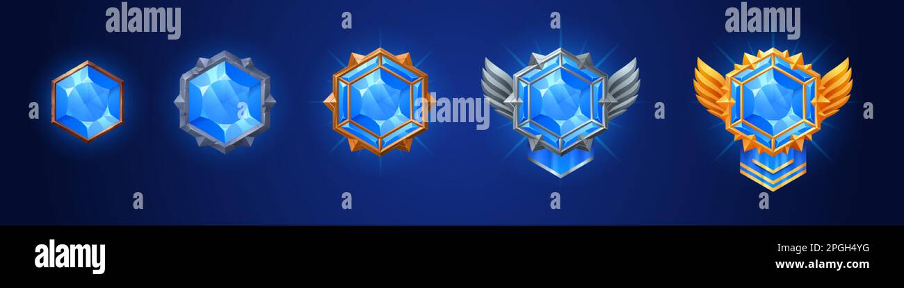 Game rank gem badge ui award achievement in vector. Cartoon level medal ...