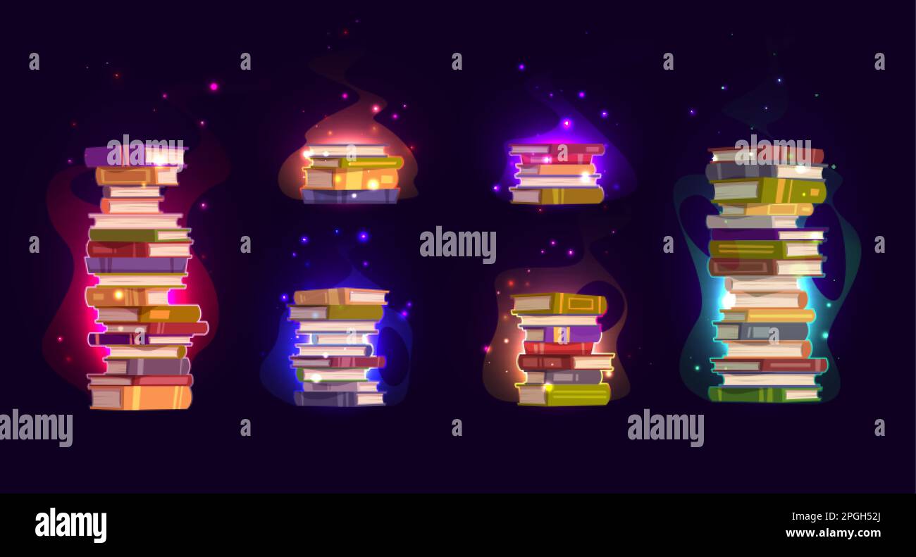 Set of magic spell book stacks glowing on dark background. Vector ...