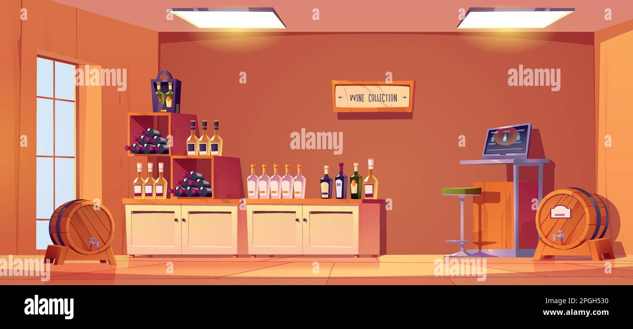 Cartoon wine shop interior design. Vector illustration of shopping mall ...