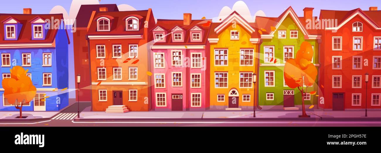 Scandinavian city street with houses in fall. Autumn landscape of ...