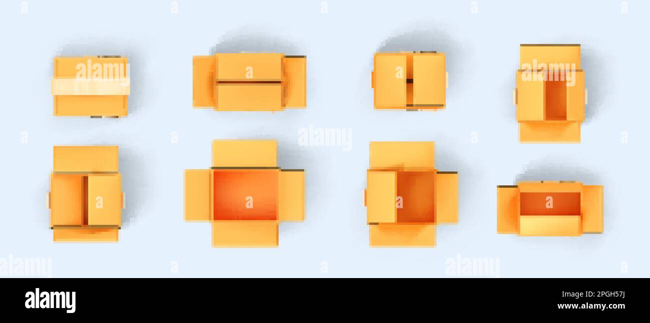 3d render vector top view isolated empty open box set. Package icon for ...