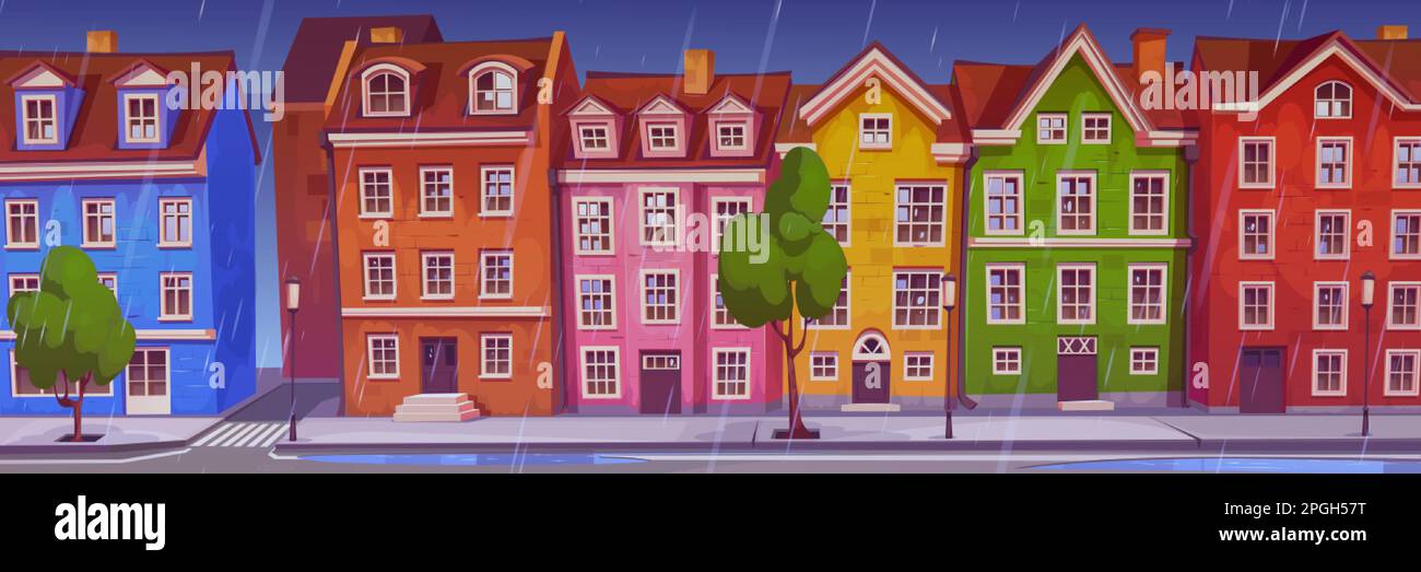 Rain in scandinavian city street with traditional buildings, green ...