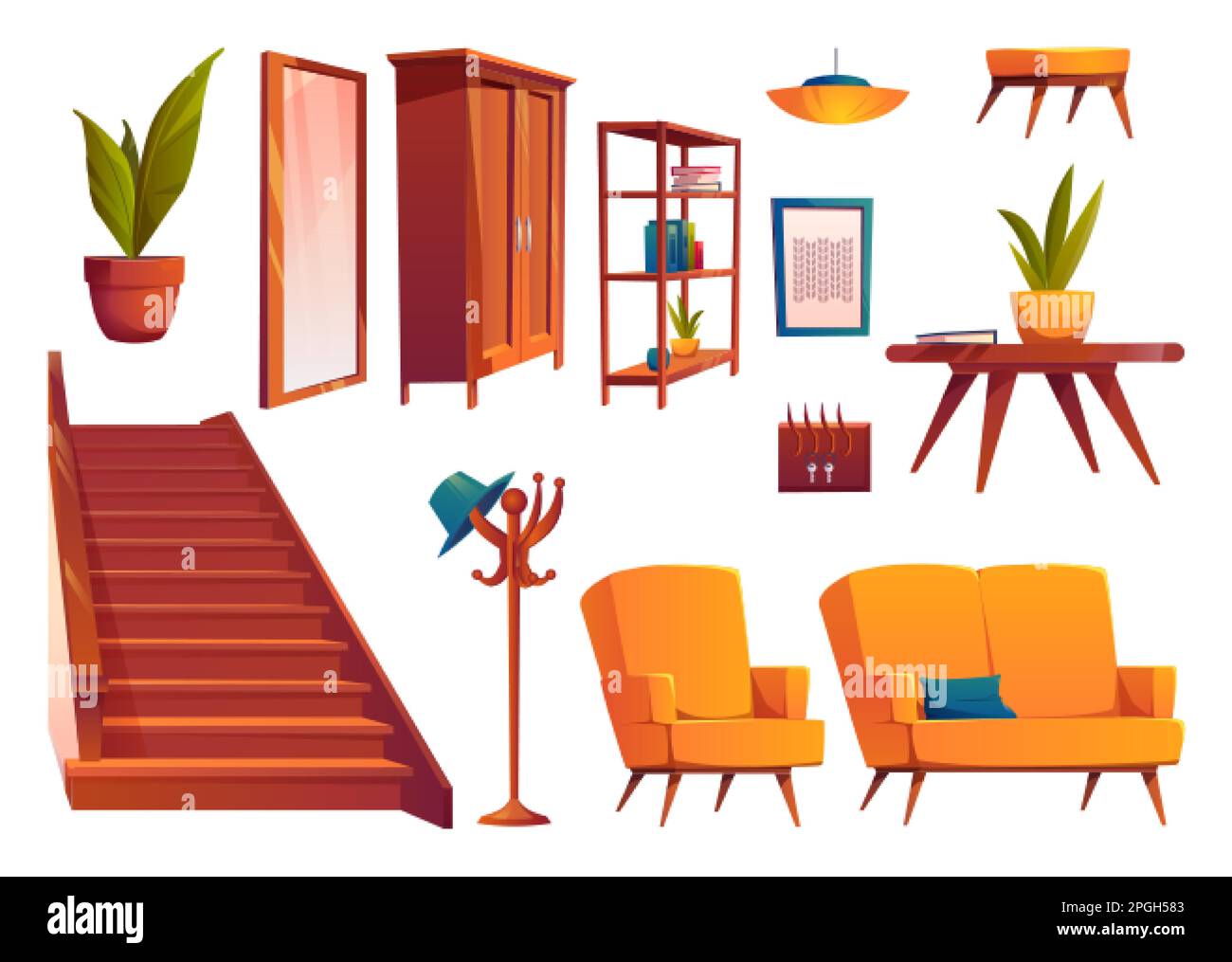 Living room hall vector interior furniture cartoon set. Isolated ...