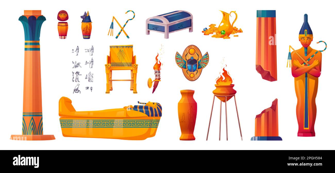 Ancient Egypt symbols, god and pharaoh statues, pyramid treasures ...