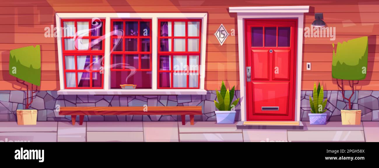 Cartoon house facade with red door and porch. Vector illustration of ...