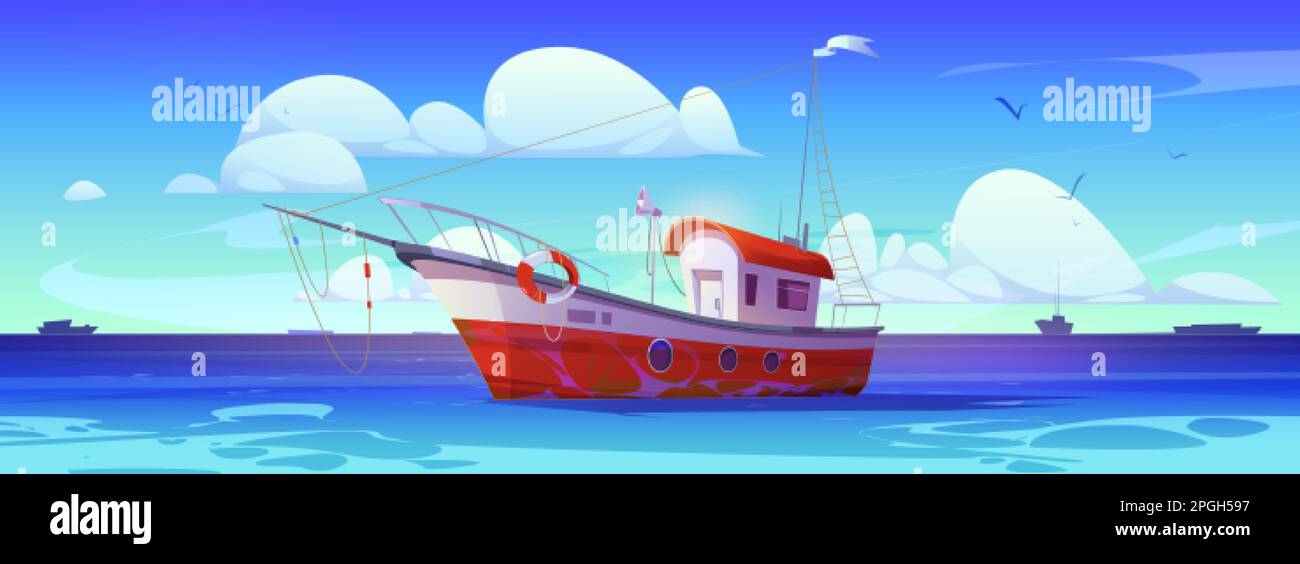 Fish trawler boat in sea vector marine background. Commercial fishery ...