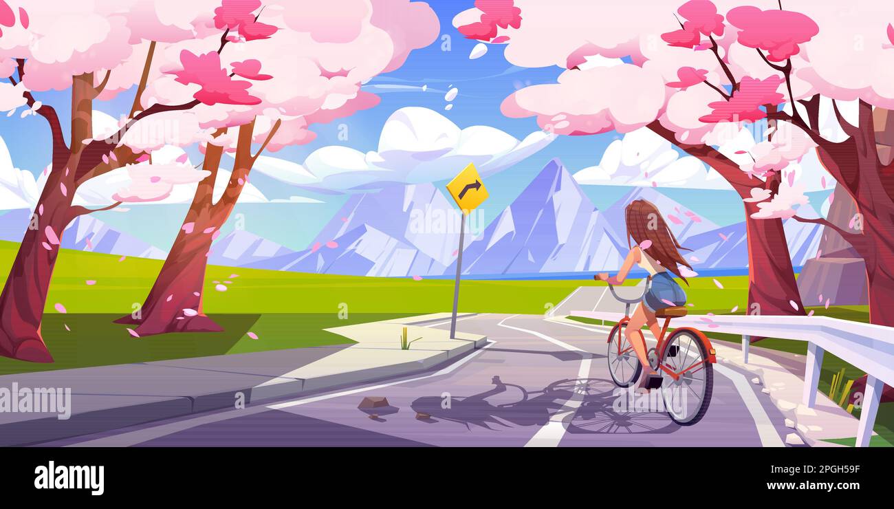 Girl riding bike on japanese road near mountain through sakura forest ...