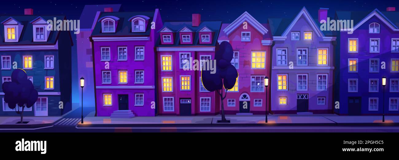 Night scandinavian street illuminated with hygge lights in windows ...
