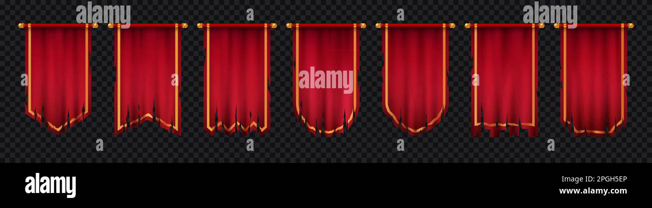 Torn royal medieval red game flag cartoon vector set. Old fabric ...