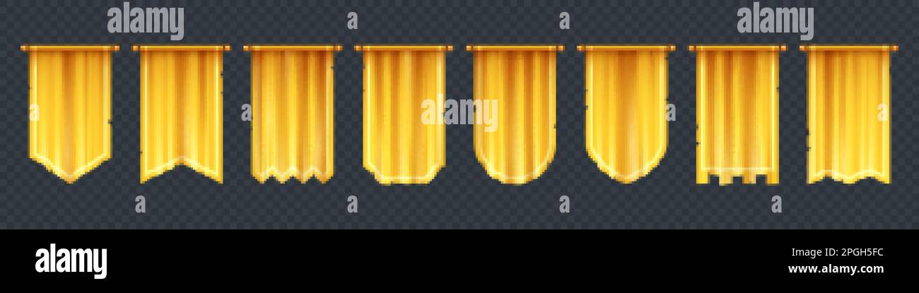 Medieval gold flags, hanging fabric banners. Old vertical yellow ...