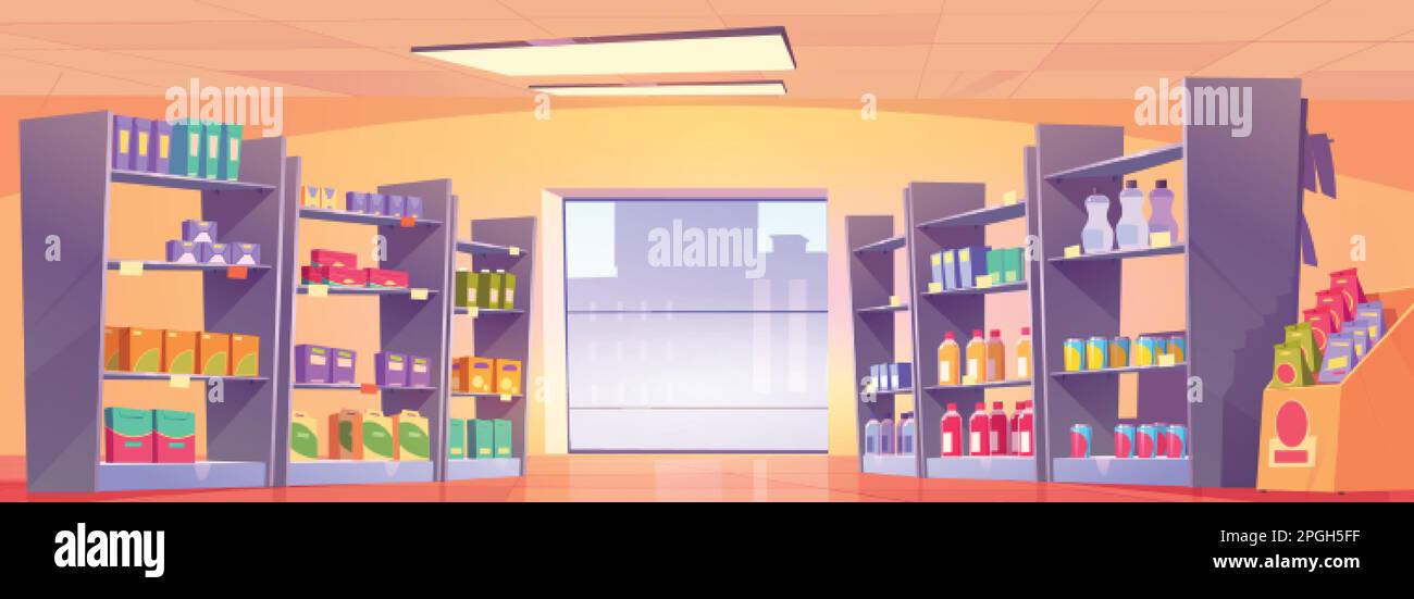 Cartoon supermarket aisle with large window. Vector illustration of ...