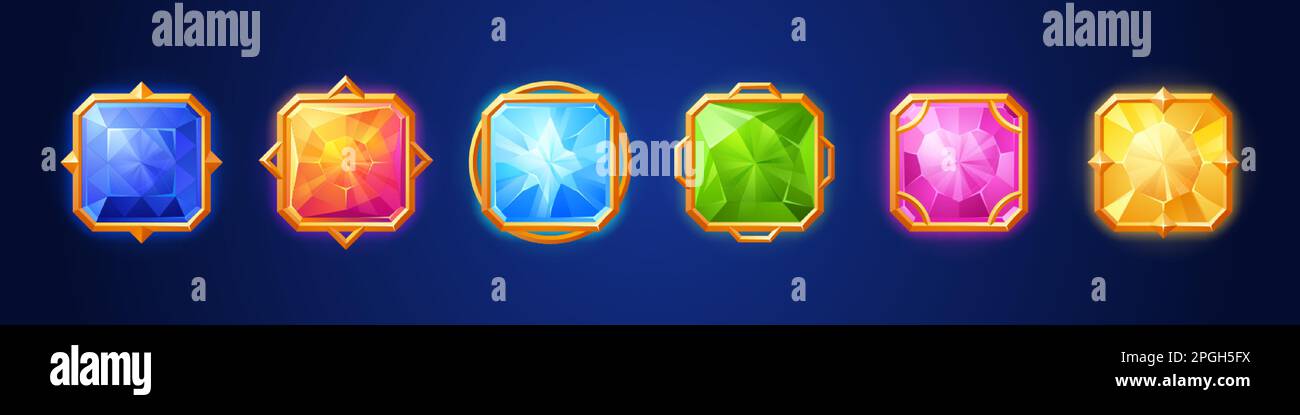 Match 3 magic gem game with gold frame setting vector set. App jewel ...