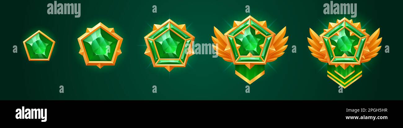 Cartoon set of emerald game rank badges isolated on background. Vector ...