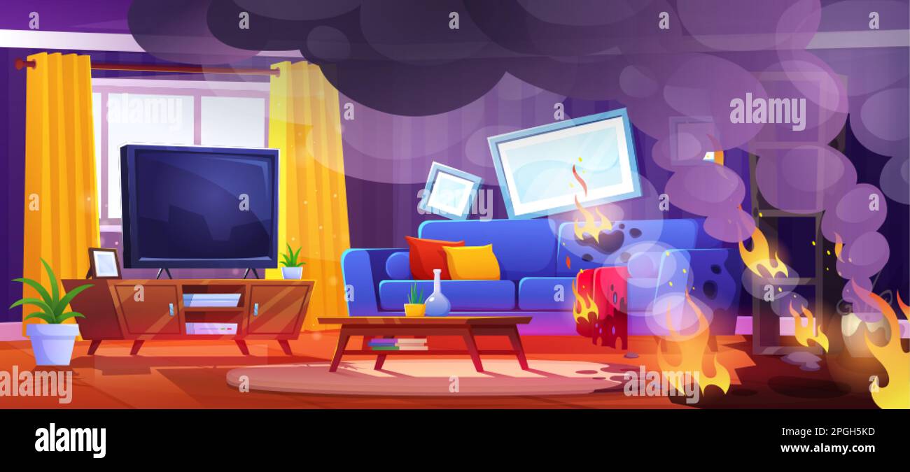 Fire in living room with tv cartoon background. Furniture apartment in ...
