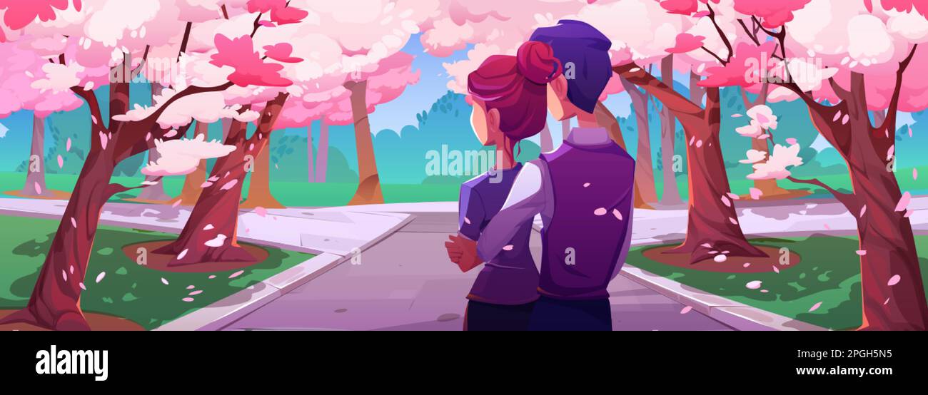 Love couple on date in spring park with japanese cherry trees. Romantic ...