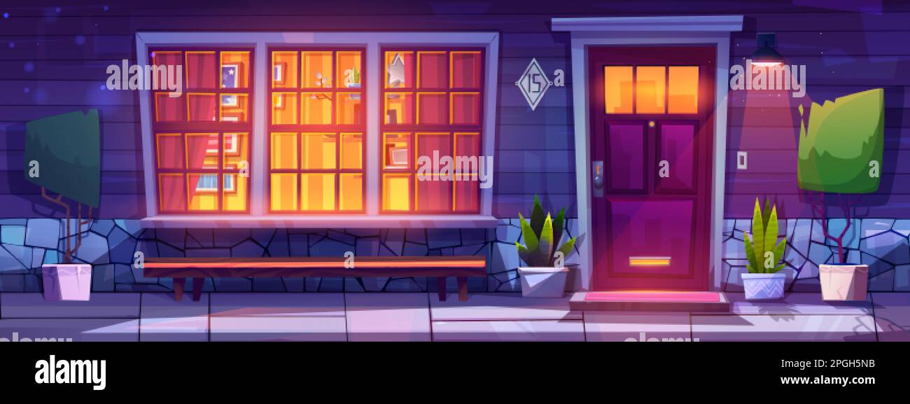 House porch and front entrance door at night vector cartoon ...