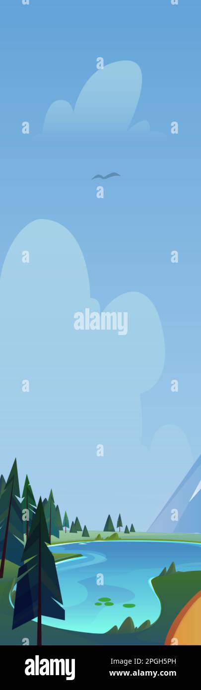 Cartoon mountain lake and pine trees. Vector illustration of scenic ...