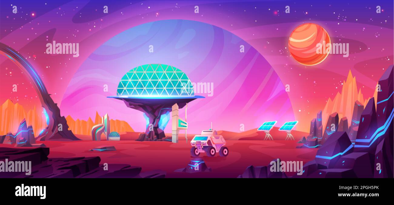 Futuristic city under glass dome on alien planet. Vector cartoon ...