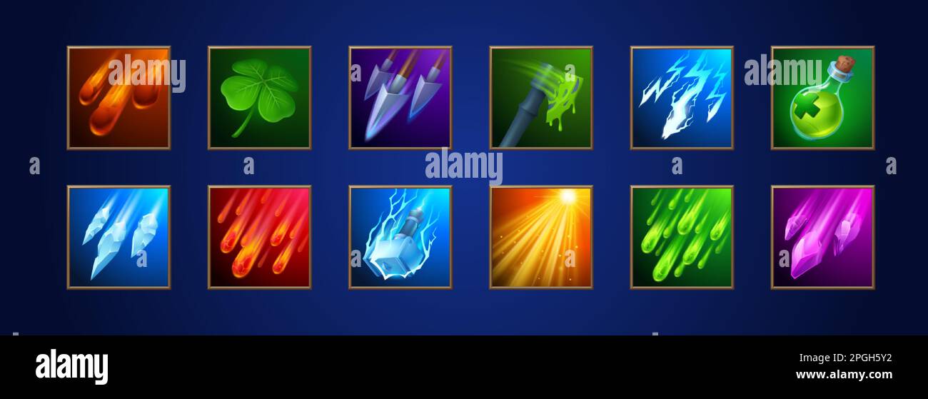Fantasy game icons of magic spells and skills. Game interface elements ...