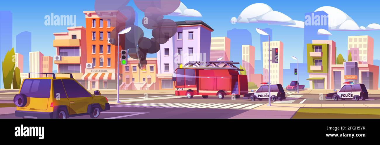Burning city building and firefighter truck vector cartoon illustration ...