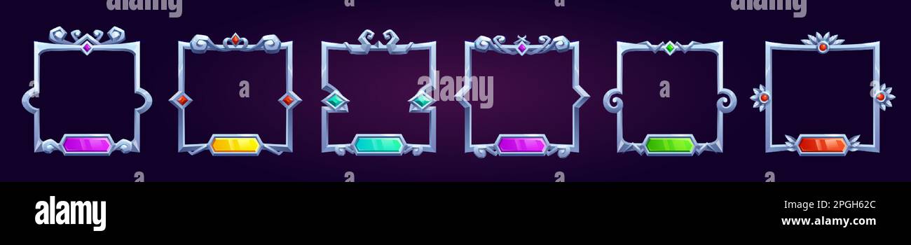 Square fantasy game user avatar border set for rpg game. Silver ...