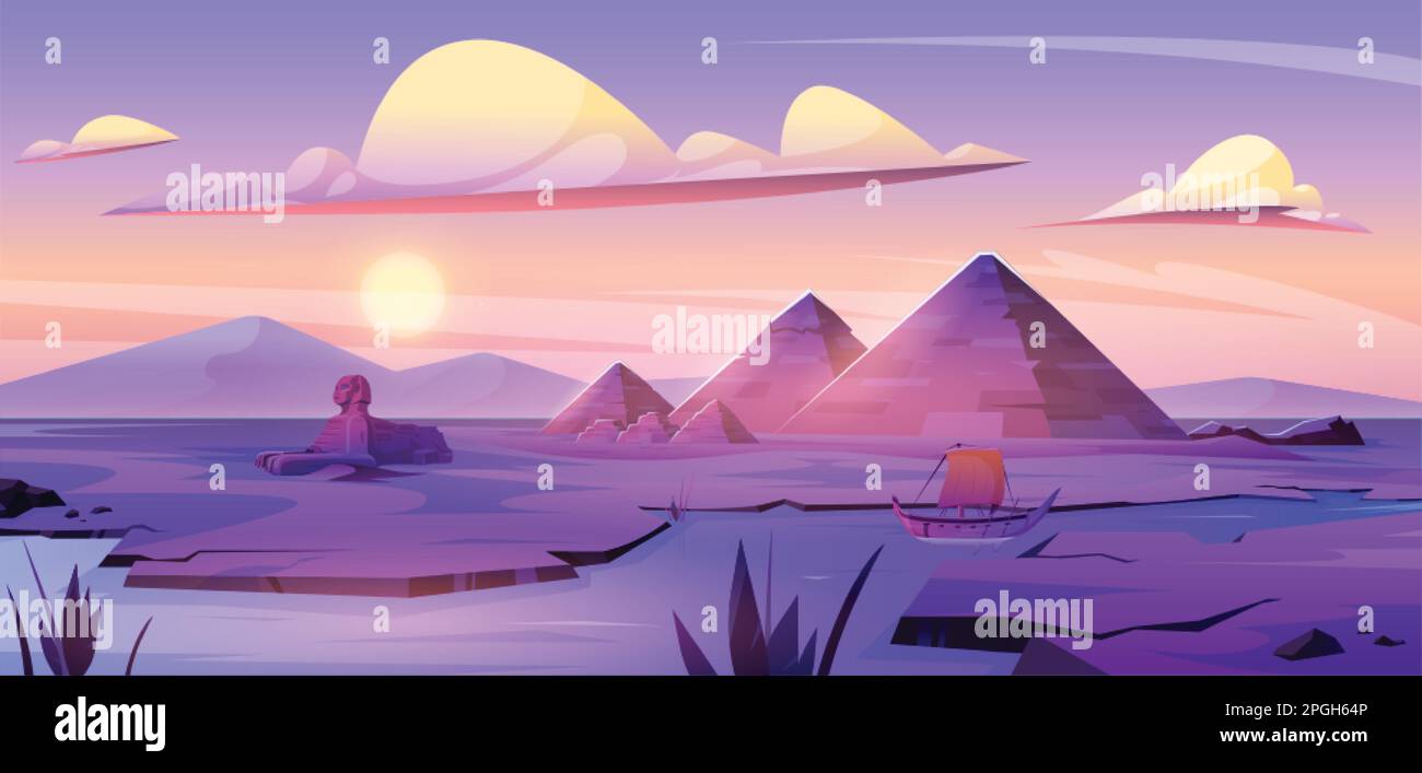 Egyptian pyramids and Nile river. Desert landscape with ancient pharaoh ...