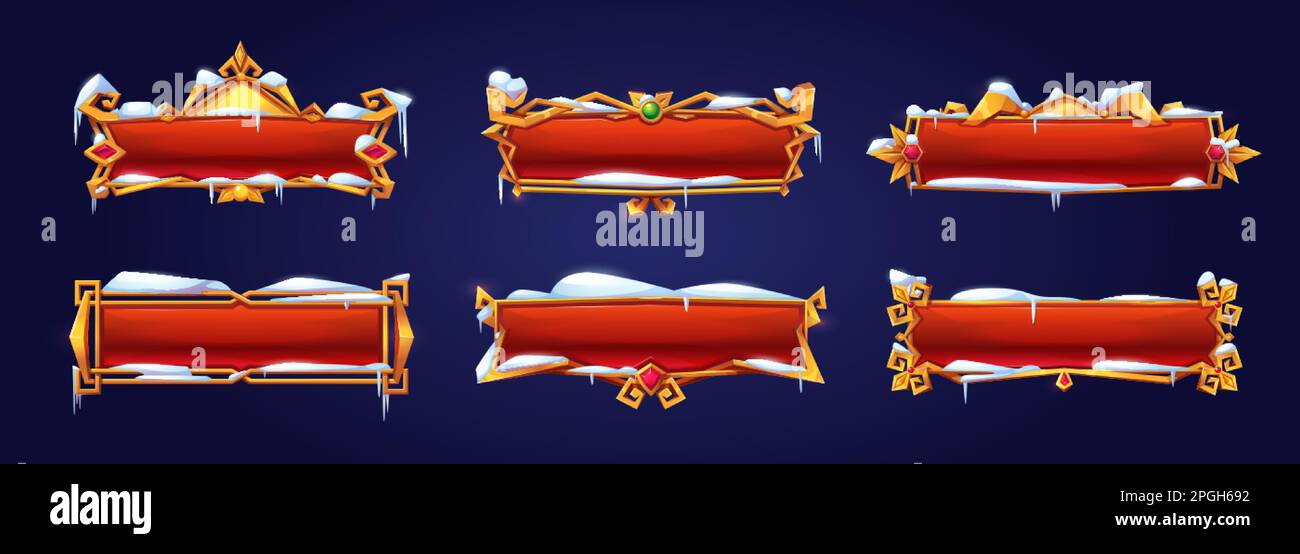 Cartoon set of red game buttons in golden frame covered with snow ...