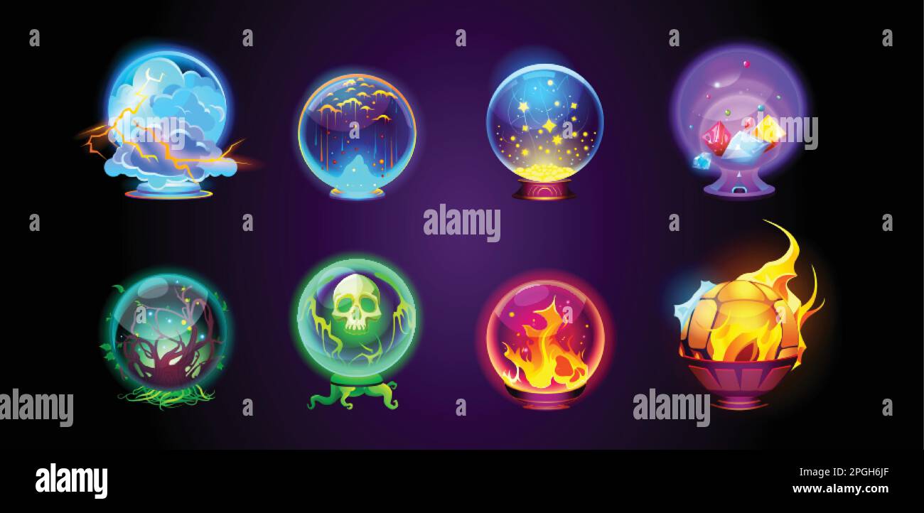 Cartoon set of magic fortune telling crystal balls on dark background ...