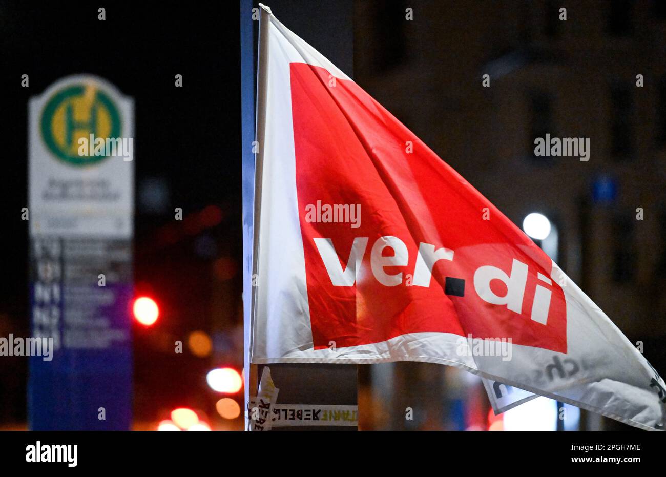 Leipzig, Germany. 23rd Mar, 2023. A flag of the trade union Verdi flies ...