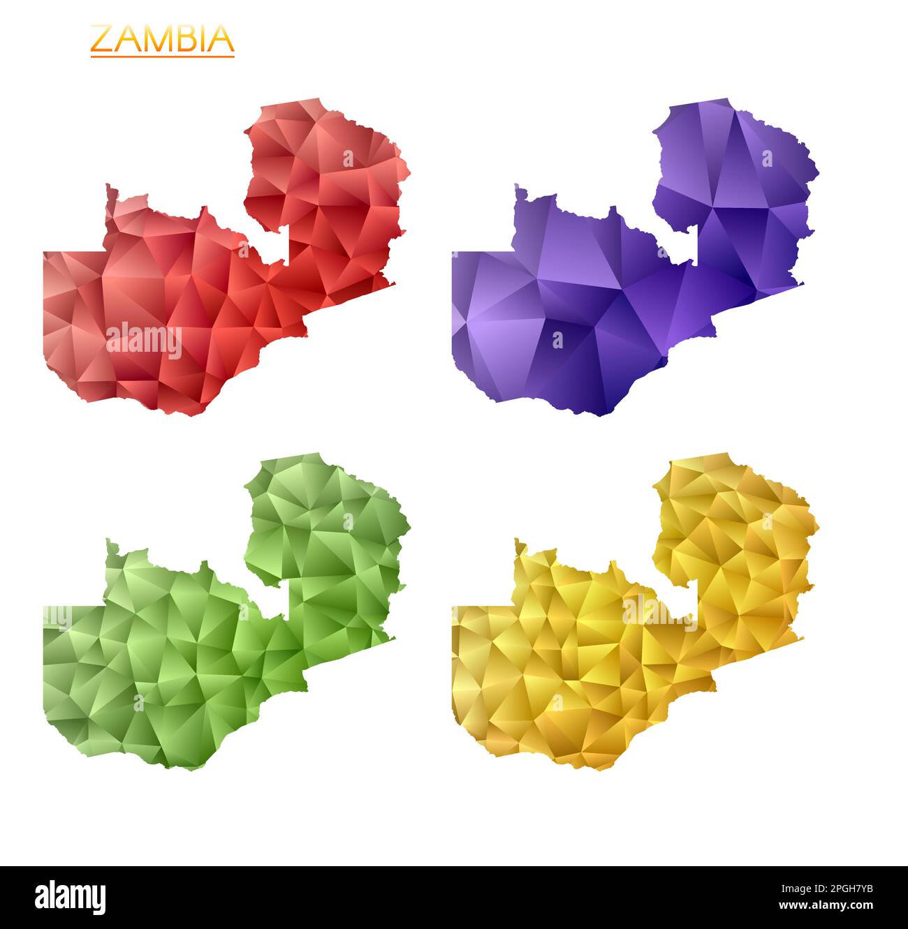 Set of vector polygonal maps of Zambia. Bright gradient map of the country in low poly style ...